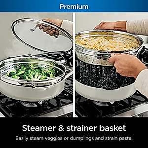 Ninja CW102WH Foodi NeverStick PossiblePan, Premium Set with 4-Quart Capacity Pan, Steamer/Strainer Basket, Glass Lid & Integrated Spatula, Nonstick, Durable & Oven Safe to 500°F, Vanilla Bean