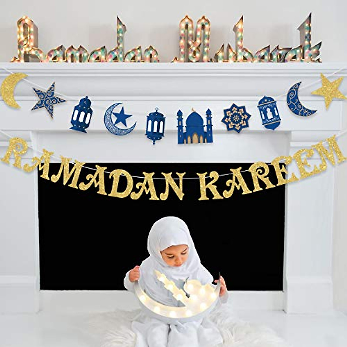 Ramadan Kareem Banner Gold Glitter Eid Mubarak Party Decorations with Moon and Stars Lights Garland for Muslim Islam Eid Festival Party Supplies