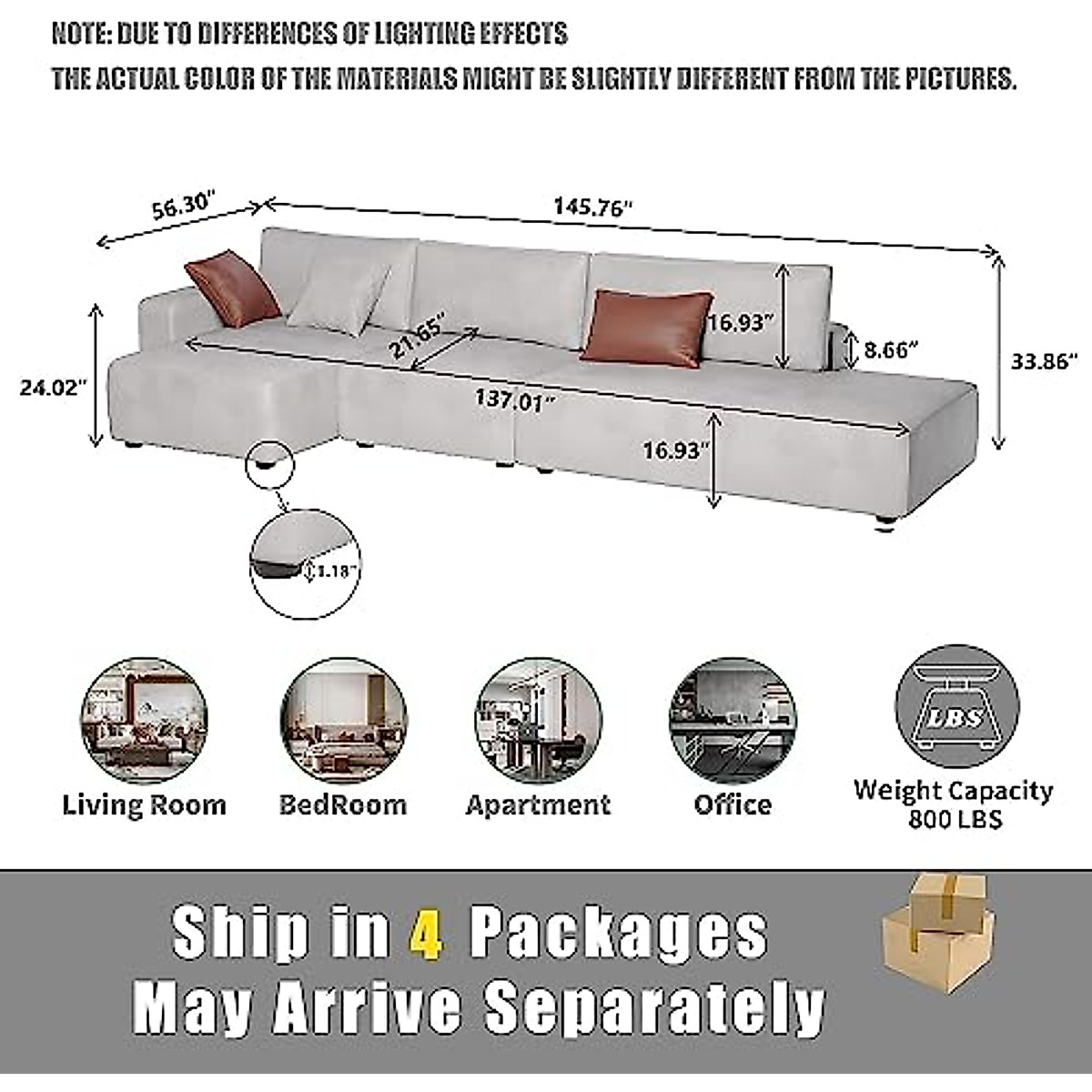 JACH 145" Modular Leathaire Large Sectional Sofa with Chaise, L-Shaped Faux Leather 5 Seater Minimalist Couch, Modern Right Hand Facing Sectional Sofas with 3 Throw Pillows (Beige)