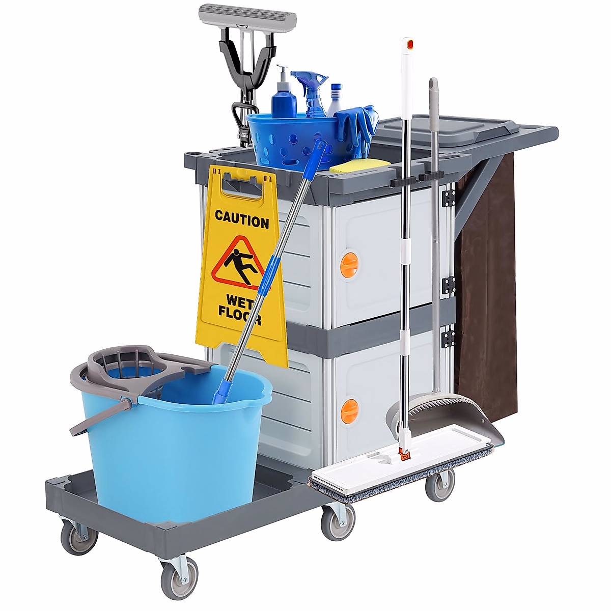 Commercial Janitorial Cart with 2 Cabinet - Black Housekeeping Caddy with Cover, Shelves, and Vinyl Bag
