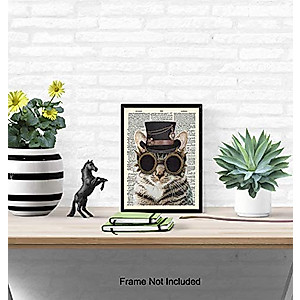 Steampunk Cat Wall Art - Funny Goth Cat Wall Decor Print for Bedroom, Veterinarian Office - Gift for Vet, Boys, Men, Teens, Women, Kitty, Kitten, Feline, Pet, Cat Lovers - Unique Gothic Dictionary Art