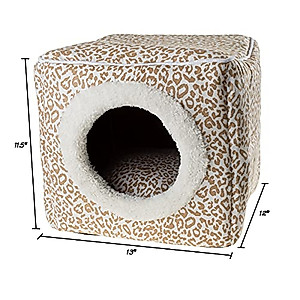 Cat Pet Bed Cave- Indoor Enclosed Covered Cavern/House for Cats Kittens and Small Pets with Removable Cushion Pad by PETMAKER, Tan/White Animal Print