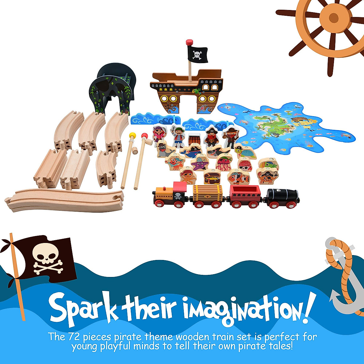 Pidoko Kids Pirate Theme Wooden Train Set - 72 Pcs - Includes Magnet Fishing Poles - Set compatible with all major brand tracks and trains