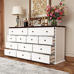 ECACAD Vintage Storage Dresser with 12 Drawers & Brown Top, 61" L Wood Double Dresser Chest of Drawers with Metal Handles for Bedroom, Living Room, White