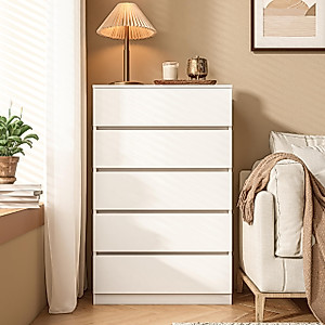 5 Drawer Dresser, White Dresser for Bedroom Wooden Tall Closet Drawers, Modern Nightstand with Drawers Clothing Organizer Cabinet for Nursery, Living Room,Hallway, 27.6 in, Top and Chest
