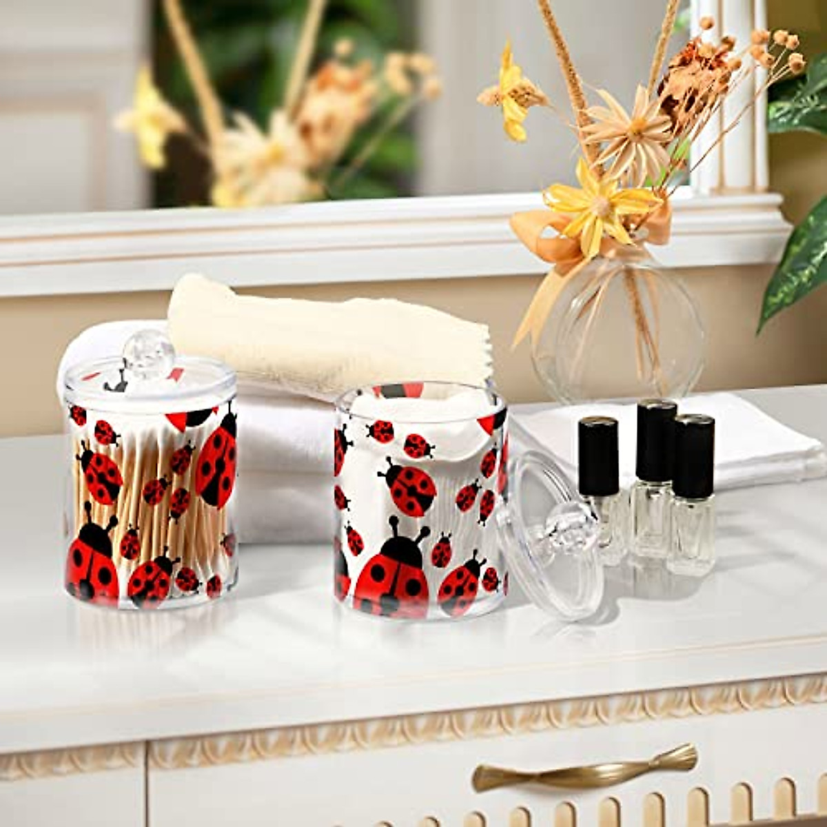 DOMIKING Ladybugs 2 Pack Cotton Swab Holders Dispenser Plastic Jar Bathroom Storage Canister Acrylic Containers for Cotton Ball Floss Picks Hair Clips