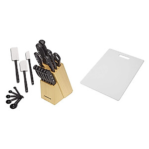 Farberware 22-Piece Never Needs Sharpening Triple Rivet High-Carbon Stainless Steel Knife Block and Kitchen Tool Set, Black & 78892-10 Farberware Plastic Cutting Board, 11-inch by 14-inch, White