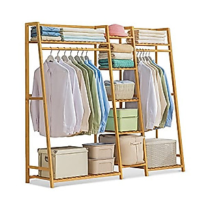 MoNiBloom Bamboo Trapezoid Clothing Rack with 5-Tier Storage Shelves Multi-Functional Clothes Rack, Clothes Hanging Rack Stand for Bedroom Living Room, Natural