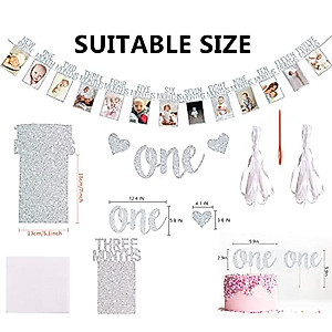 Silver 1st Birthday Baby Photo Banner for Newborn to 12 Months And Alphabet ONE Bunting, Alphabet ONE Cake Topper for Baby Show First Birthday Party Decoration