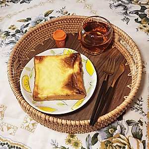 Round Rattan Woven Serving Tray with Handles and Wooden Base, 10.5”Wicker Decorative Basket with 2”Wall for Fruit Serving, Vanity Organizer, Coffee Table Tray, Kitchen Storage Display, Exxacttorch