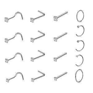 LuckyAmor 20G Nose Rings Stainless Steel Silver with CZ Studs Cartilage Body Piercing Jewelry (17PCS-MIX-Silver)