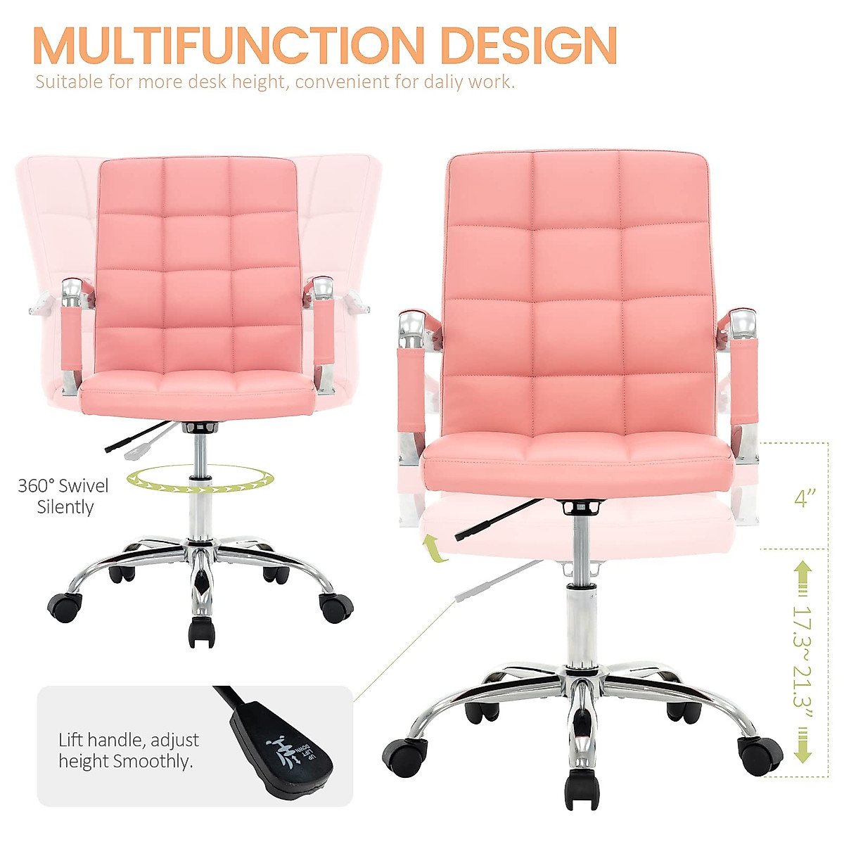 MFD LIVING High Back Desk Chair, Modern PU Leather Home Office Task Chair with Arms, Adjustable Swivel Computer Executive Chair with Wheels (Pink)