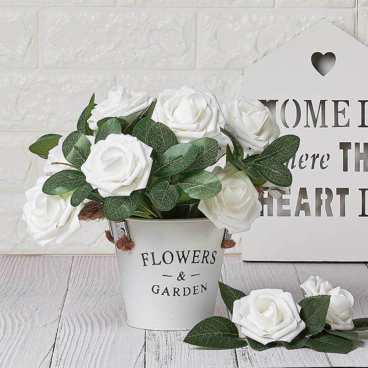 N&T NIETING Artificial Flowers, 25pcs Fake Flowers White Rose Perfect for DIY Wedding Bridesmaid Bridal Bouquets Centerpieces Home Flower Arrangement Decoration