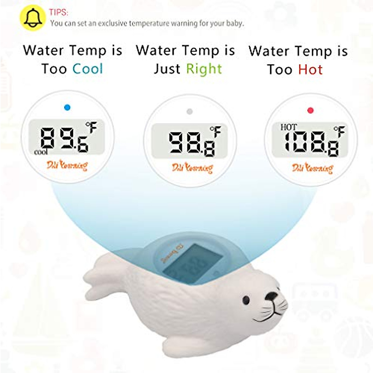 Doli Yearning Upgrade Baby Bath Thermometer Room Temperature| Water Thermometer|Kids' Bathroom Safety Products| Baby Bath(Seal Shape)℃/℉, LCD