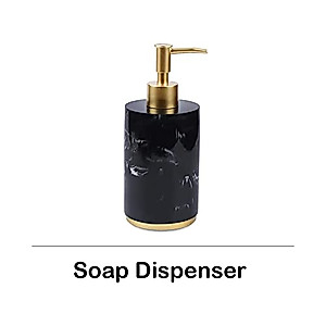 5-Piece Bathroom Counter Top Accessory Set - Dispenser for Liquid Soap or Lotion, Soap Dish, Toothbrush Holder and 2 Tumblers, Gold Base, Marble Pattern Resin, Ink Black