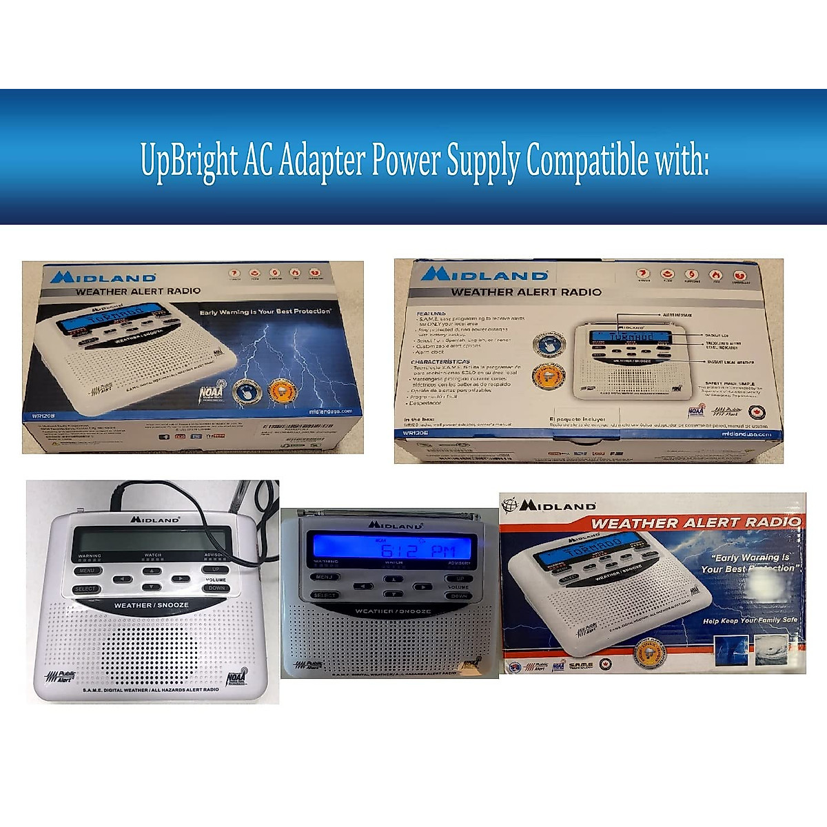 UpBright 9V AC/DC Adapter Compatible with Midland WR-120 WR120 WR120B WR-120B WR120EZ WR-120EZ Public Alert NOAA Weather Radio WXAC103 Midland-WXAC104 D9300CEC 9VDC 300mA Class 2 Power Supply Charger