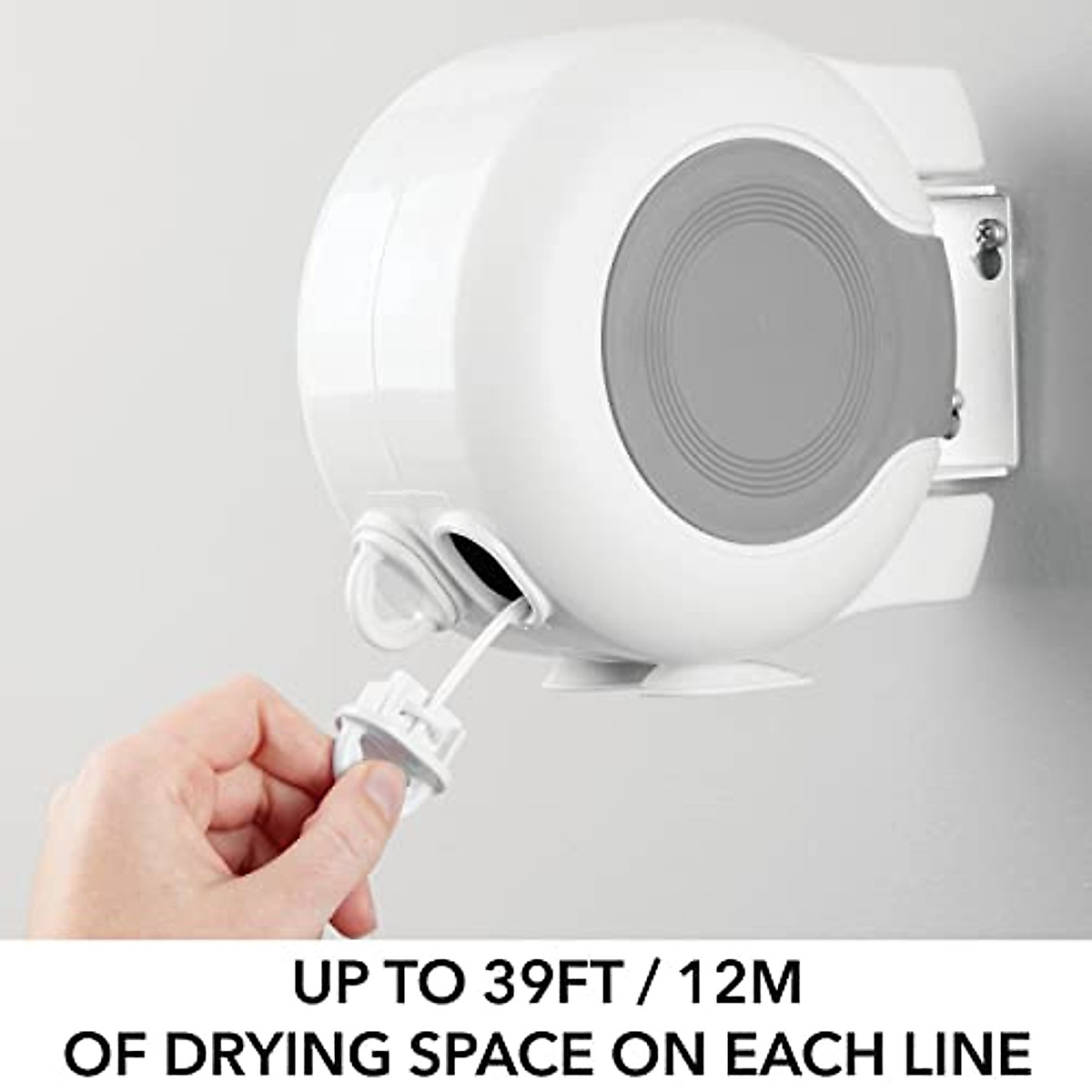 mDesign Indoor/Outdoor Retractable Clothesline - Adjustable 42ft Double Lines - Durable Plastic Reel Dryer for Hanging Wet or Dry Clothes in Bathroom, Laundry, Patio, Balcony - Portable - White