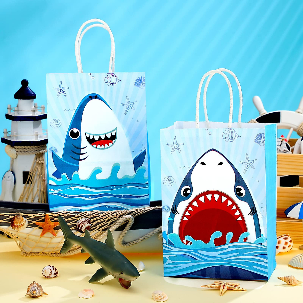 Outus 24 Pcs Shark Party Bags Blue Shark Birthday Party Favor Gift Bags Shark Goodie Candy Bags with Twist Handles Shark Party Supplies for Kids Summer Ocean Sea Baby Shower Decorations