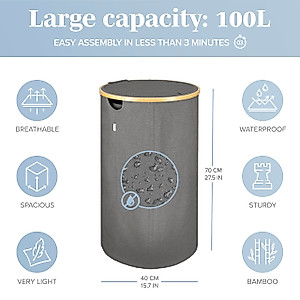 Lonbet - Grey Circular Laundry Baskets with Lid & and Inner Bag - XL 100 Litres - Large Washing Baskets for Laundry with Handles - Laundry Baskets for Bedrooms - Bamboo Bathroom Bin