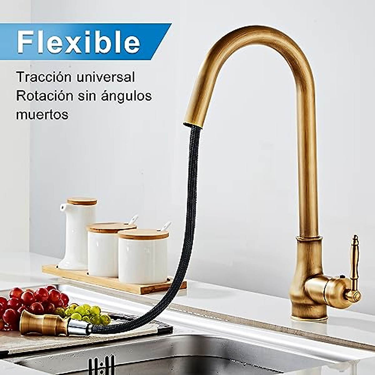 Vintage Brass Antique Bronze Kitchen Faucet,Single Hole Copper Widespread Mixer Taps with Pull Down Sprayer (Brass Nut)