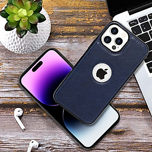 MZELQ for iPhone 14 Pro Max Case PU Leather Vegan Slim Logo View Luxury Elegant Classic Screen Protector Protective Phone Case (2022) 6.7" - Blue