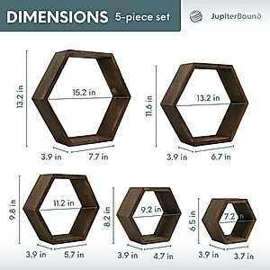 Floating Shelves – Hexagonal Premium Wood Shelves – Set of 5 – Rustic Farmhouse Decor – Honeycomb Display Shelf – Wall Shelves for Bathroom, Bedroom, Kitchen, Office & Living Room - Easy Installation