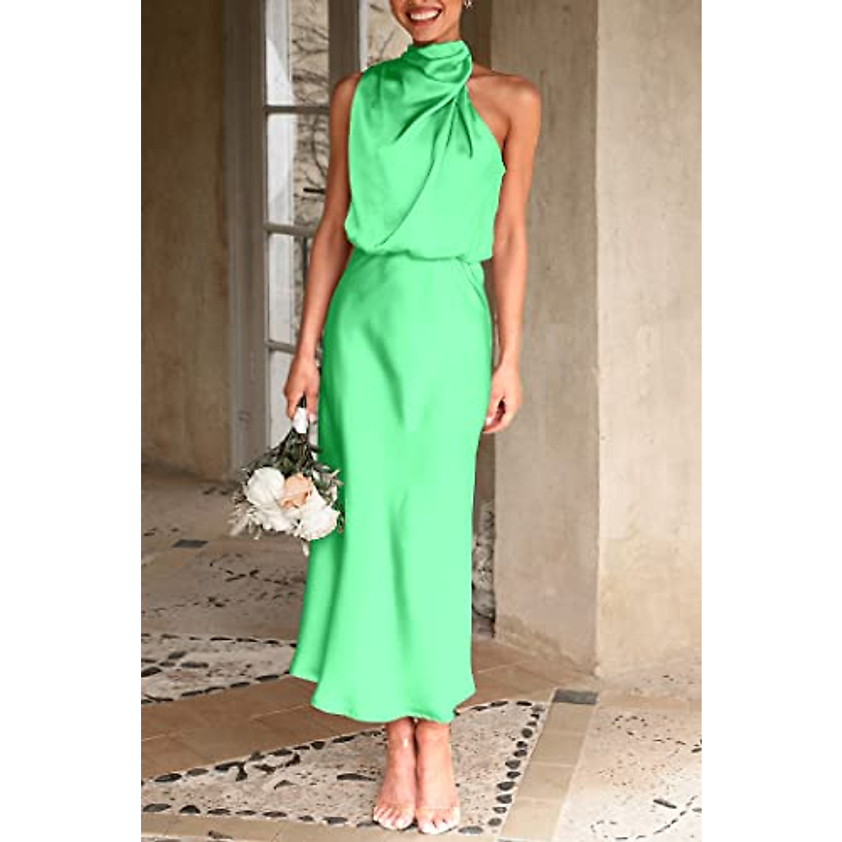 PRETTYGARDEN Women's 2023 Summer Satin Dress Elegant Sleeveless Mock Neck Cocktail Party Maxi Dresses (Grass Green,Small)