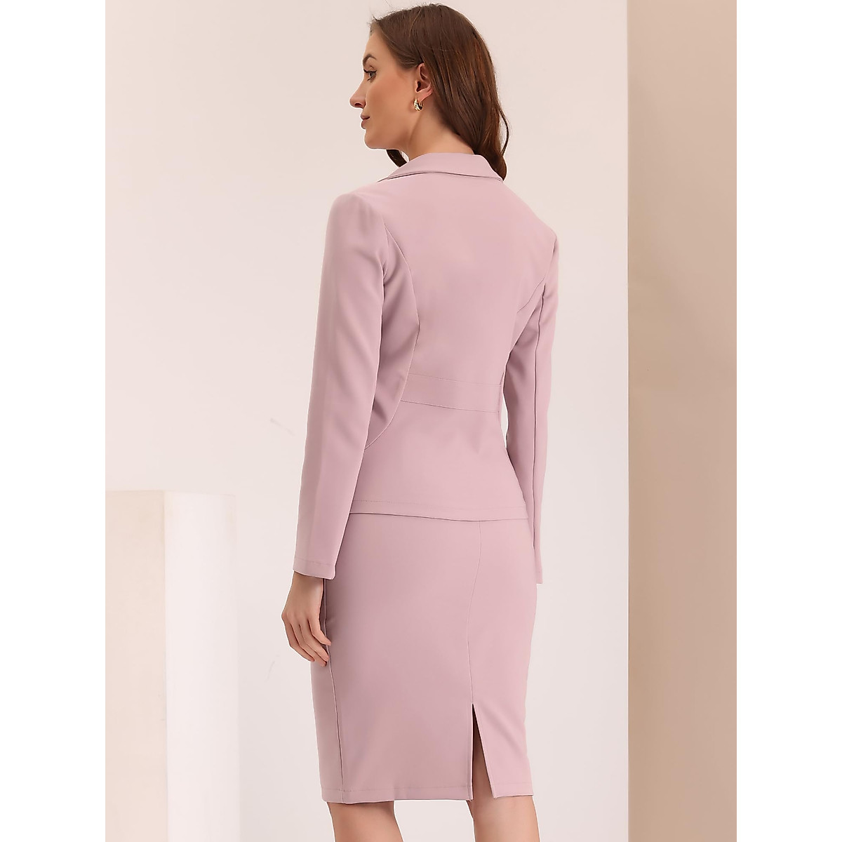 Allegra K Women's 2 Piece Suit Skirt Set Business Casual Long Sleeve Blazer and Pencil Skirt X-Large Pink