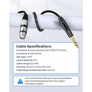 tisino XLR Female to 1/4 Inch (6.35mm) TRS Jack Lead Balanced Signal Interconnect Cable XLR to Quarter inch Patch Cable - 3.3 Feet