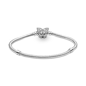 Pandora Moments Butterfly Clasp Snake Chain Bracelet - Compatible Moments Charms - Sterling Silver & Cubic Zirconia Charm Bracelet for Women - Gift for Her - 7.5"