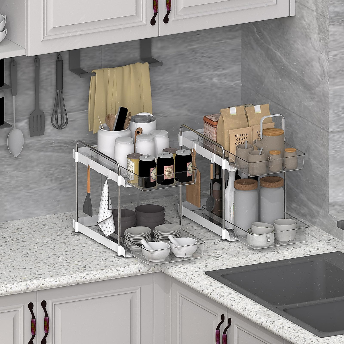 Alwytlon 2 Sets of 2-Tier Under Sink Organizer and Storage, Sliding Bathroom Cabinet Organizer with Hooks, Multi-purpose Pull Out Storage Shelf for Bathroom Kitchen, transparent & White