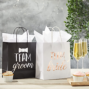 Juvale 20 Pack Bride and Groom Gift Bags with Tissue Paper for Wedding, Groomsmen, Bridesmaid, Reads Team Bride and Team Groom (8 x 4 x 9 In)