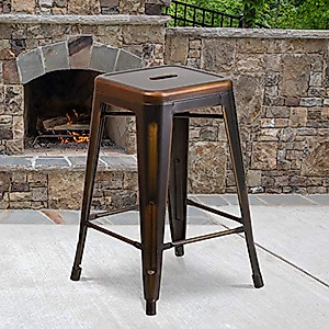 EMMA + OLIVER Commercial Grade 24" H Backless Distressed Copper Metal Indoor-Outdoor Stool