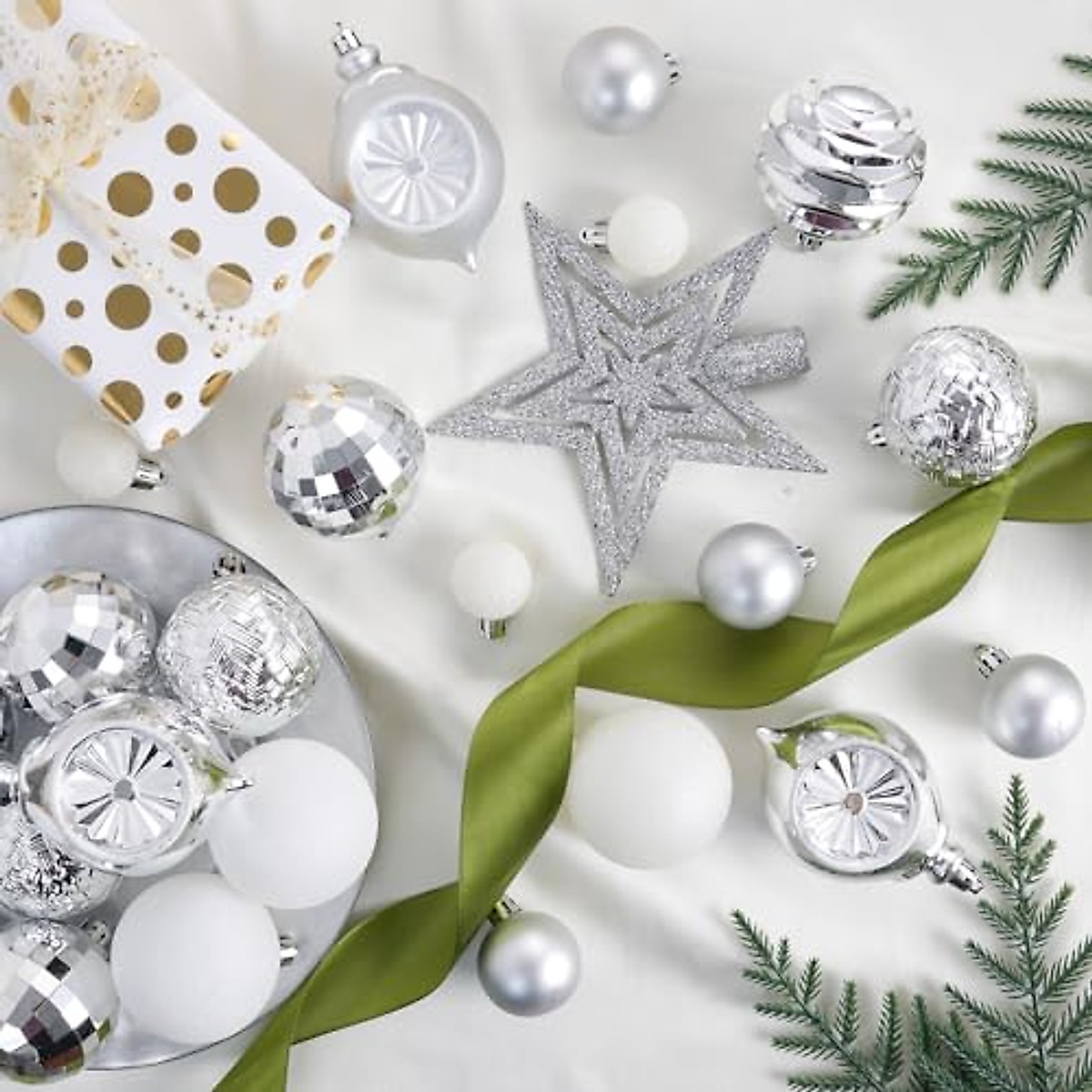 XmasExp 99-Pack Christmas Ball Ornaments Assorted Shatterproof Christmas Tree Decorations with Hand-held Gift Package for Xmas Tree,Home,Party(Silver-White)
