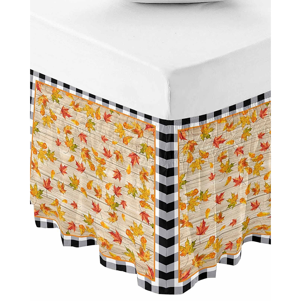 Orange Maple Leaf Bed Skirt Cal King Size 16 Inch Drop,Adjustable & Elastic Wrap Around Bed Skirts Pleated Luxury Ruffles for Twin Full Queen Cal King Bed,Autumn Fall Leaves Rustic Black White Plaid