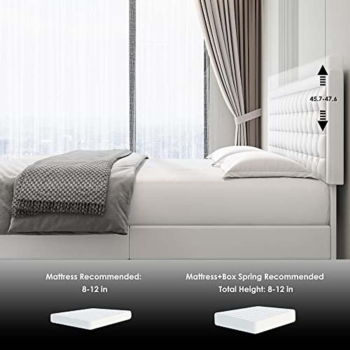 HIFIT King Size Bed Frame, Upholstered Platform Bed with Button Tufted Adjustable Headboard, Modern Faux Leather Upholstered Mattress Foundation, No Box Spring Needed, Easy Assembly, White