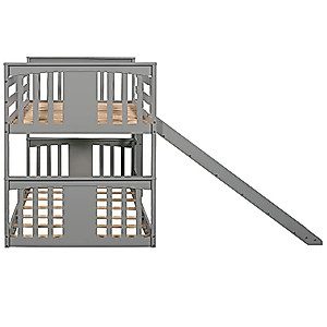 Tidyard Twin Over Twin Bunk Bed with Slide and Ladder, Wood Bed Frame Gray for Bedroom Dorm Guest Room Home Furniture