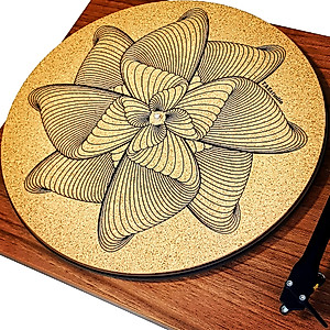 TazStudio Premium slipmat - Cork Turntable Mat for Better Sound Support on Vinyl LP Record Player - Cork mat Original Geometric Design Psychedelic Geometric line Spiral Flower [4mm Thickness]-m4