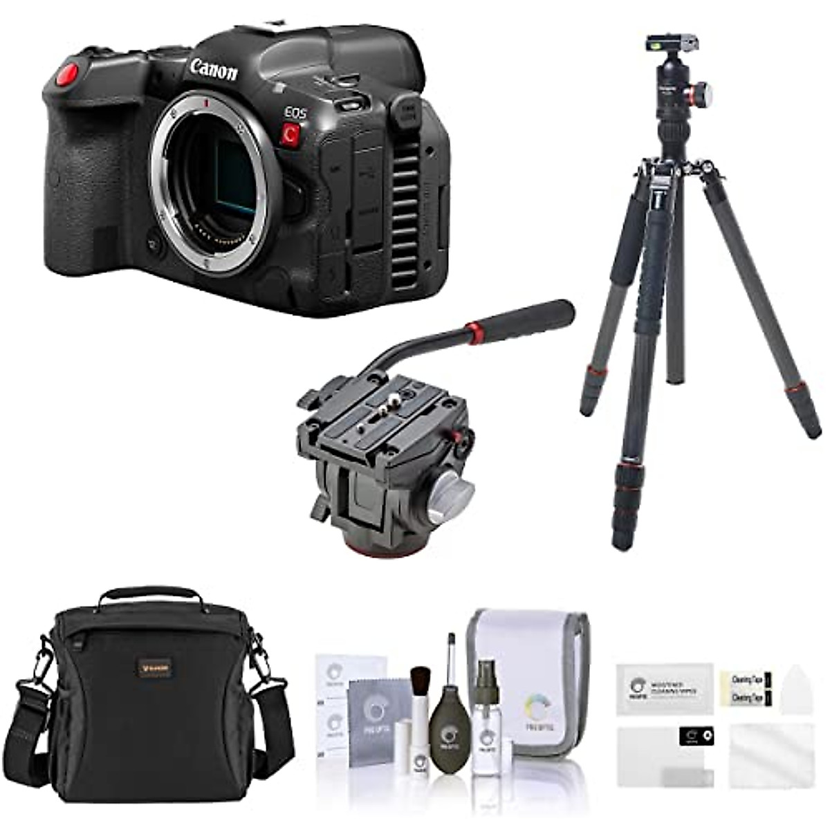 Canon EOS R5 C Mirrorless Digital Cinema Camera Body, Bundle with FotoPro X-Go Max Carbon Fiber Tripod/Monopod, Fluid Video Head, Bag, Screen Protector, Cleaning Kit