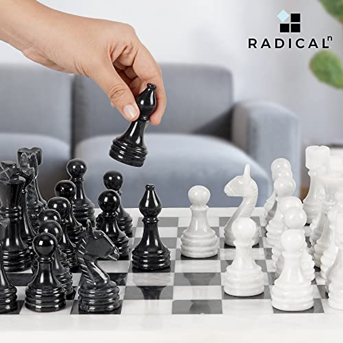 RADICALn 15 Inches Handmade White and Black Weighted Full Chess Game Set with Storage Box - Staunton and Ambassador Style Marble Tournament Chess Sets for Adults