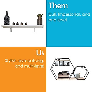 Houseables Hexagon Shelves, Wall Hanging, 16”x9”x4”, Small Wood, Black Iron, Metal Wire, Boho Geometric Honeycomb Shelf for Bathroom, Bedroom, Kitchen, Office, Storage, Plants, and Home Decor