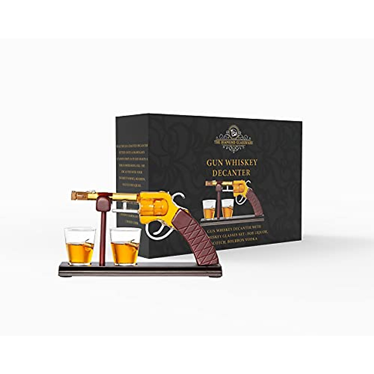 Gun Whiskey Decanter By The Diamond Glassware | Comes With A Set Of 2 Bullet Glasses & Mahogany Wooden Base | Decanter Set, Perfect For Whiskey, Bourbon, Scotch, Liquor| Great Gift For Him | 100ml