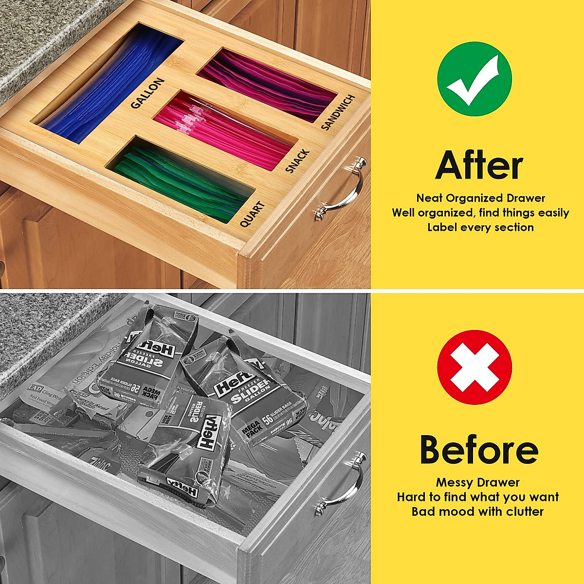 Bag Storage Organizer with Stickers for Kitchen Drawer, Bamboo Made Food Storage Wrapped Baggie Organizer Holders Dispenser, Compatible with Gallon Quart (Slider Quart) Sandwich and Snack Size Bags