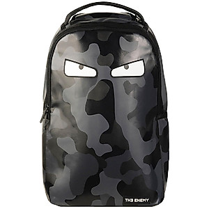 The Enemy Camo Bagpack, Unisex Eco PU Leather Backpack with Exclusive Blackout Zippers, Black Camo, One Size