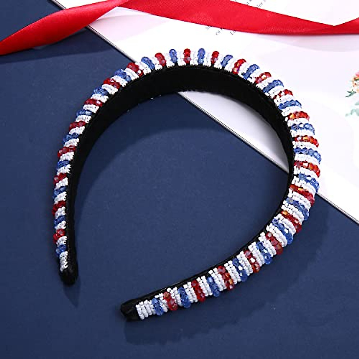 NVENF 4th of July Headbands for Women Red Blue White Crystal Rhinestone Padded Headbands American Flag Patriotic Headbands 4th of July Hair Accessory Gifts (Flag Color)