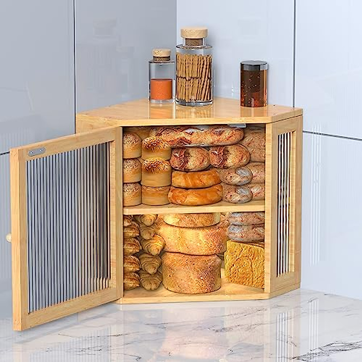 RYLTKISS Corner Bread Box–Extra Large Bread Box for Bread Storage-Durable Bamboo Wood Bread Box for Kitchen Countertop-Double Bread Container with Adjustable Height, Modern Bread Box Easy To Assemble