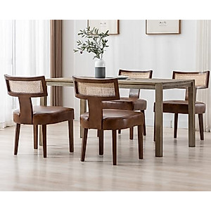 EALSON Mid Century Modern Dining Chairs Set of 2 Leather Upholstered Kitchen Chairs with Wood Legs and Curved Rattan Back Farmhouse Dining Room Chairs Rattan Accent Side Chairs, Brown