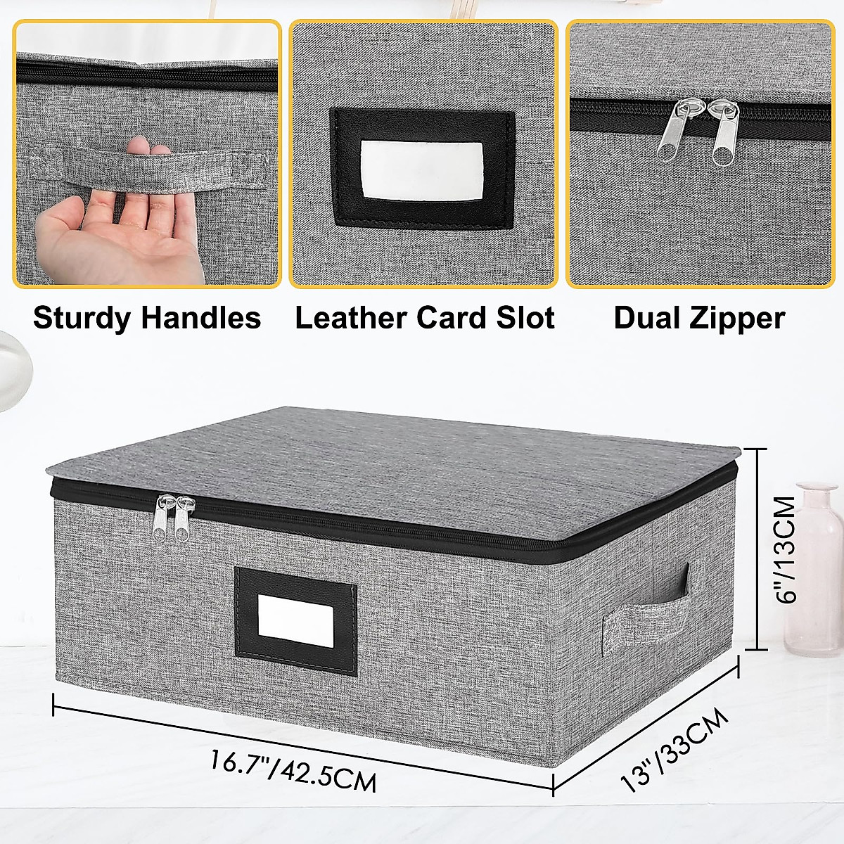 Coffee Mug Storage Box with Dividers, Durable China Storage Containers for Coffee Mugs, Tea Cups Storage Organizer with Lid, Handles, Label Window, Holds 12 Mugs, Hard Shell and Stackable (Grey)