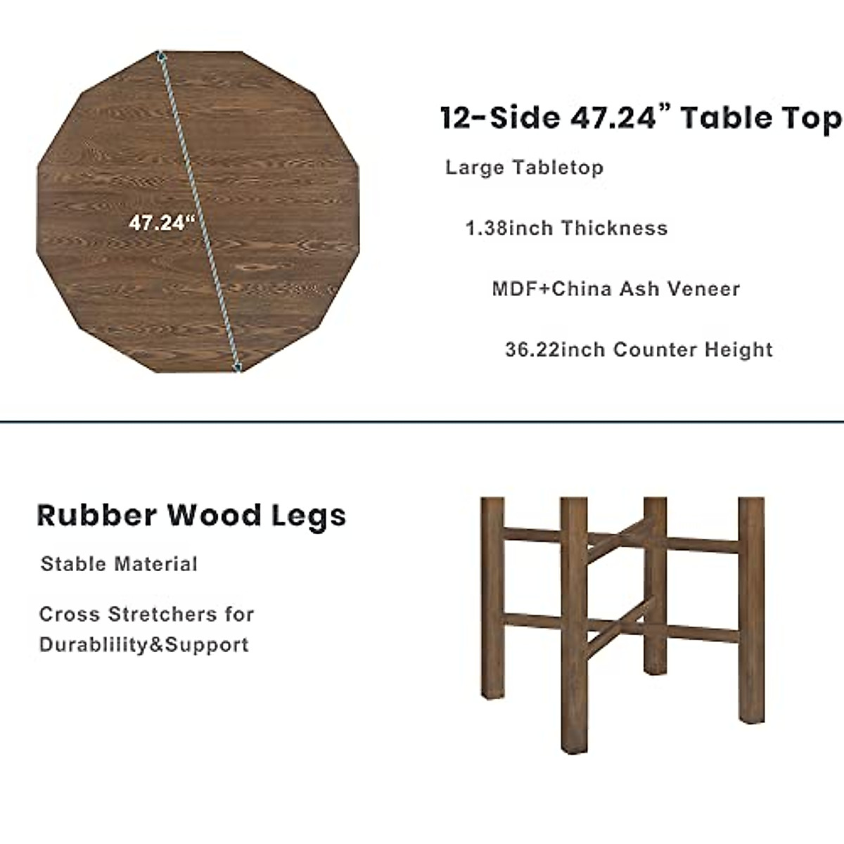 HAUSHECK 4 Counter Height Kitchen Room Irregular Round Table, High-Back Chairs, Rubber Wood Legs, Comfortable Cushioned, 5 Piece Dining Set for Small Places, Brown