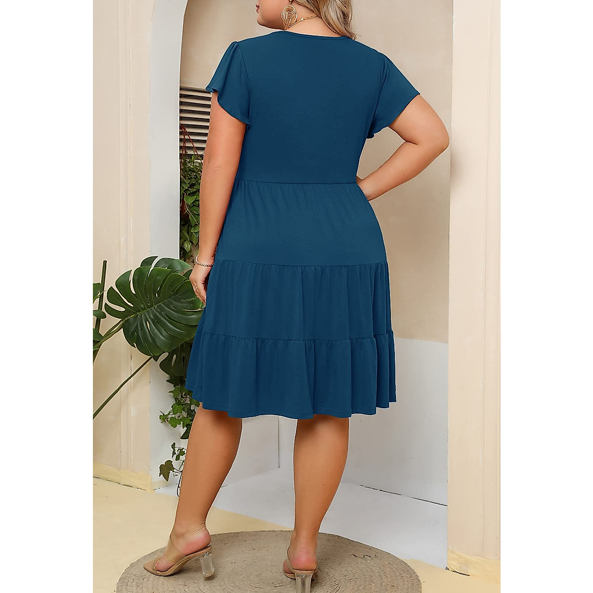 Younrui Women's Plus Size Solid Ruffle Beach Dress Flowy Tiered Aline Babydoll Casual Summer Boho Dress with Pockets (2XL-1005-Deep Blue)